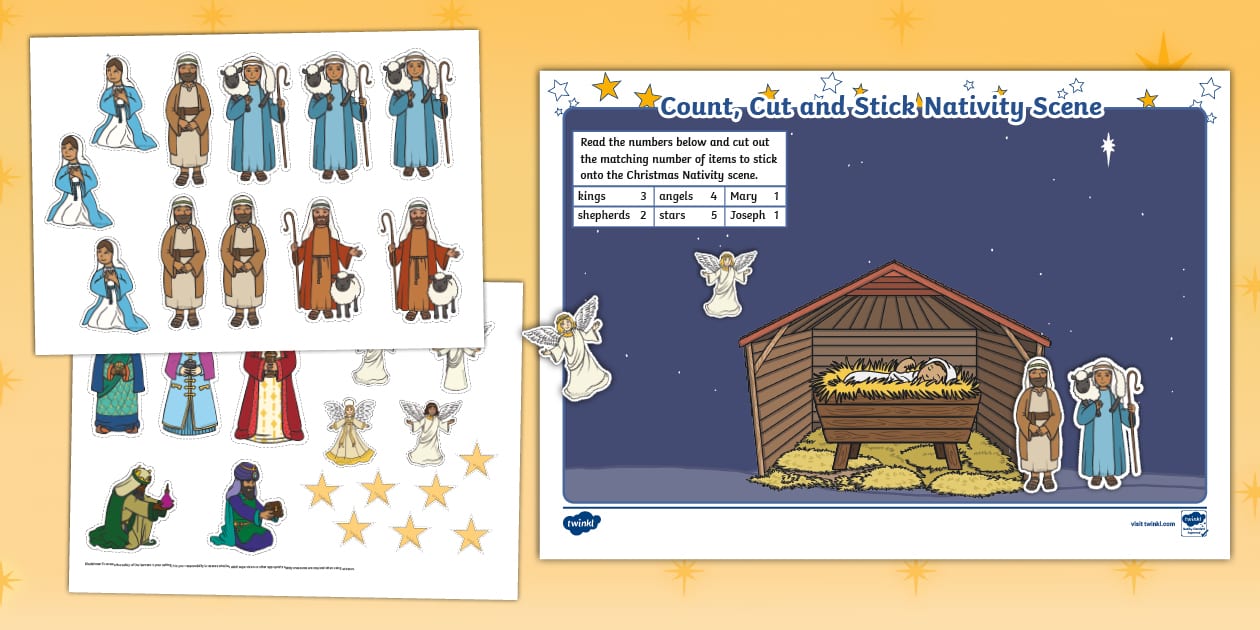 Count, Cut and Stick Christmas Nativity Scene Worksheet