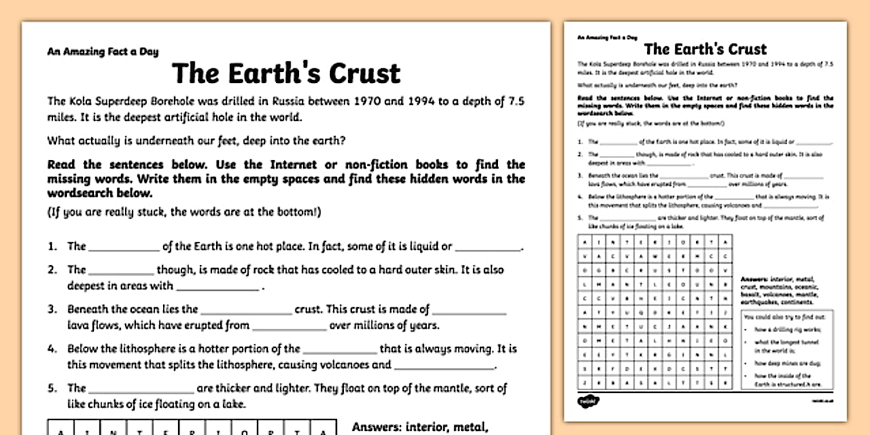 The Earth's Crust Facts Worksheet (teacher made) - Twinkl