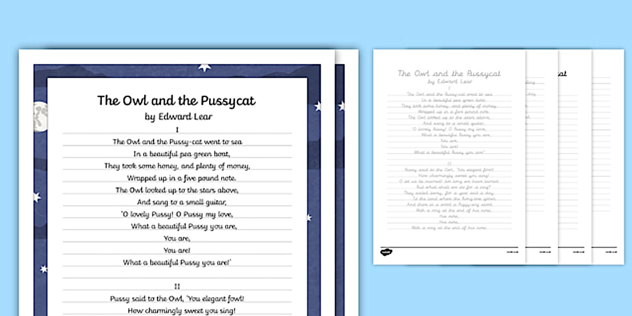 The Owl and The Pussycat Poem | Handwriting Practise Sheets