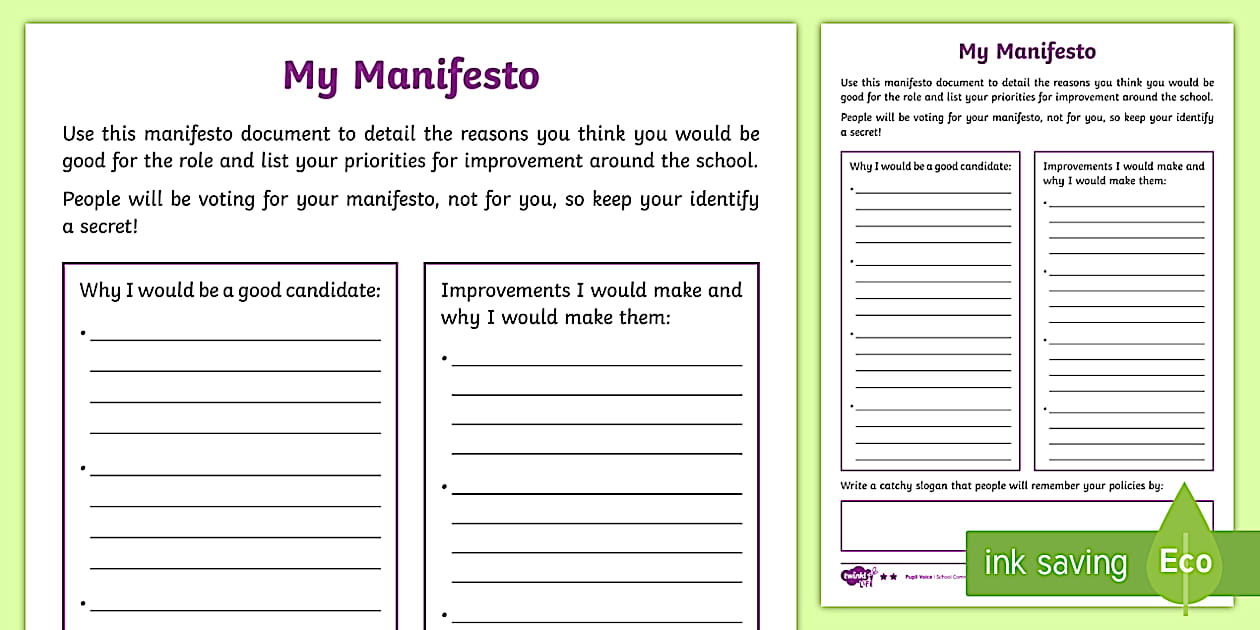 Pupil Voice - School Community - Learning Leaders - Manifesto Worksheet
