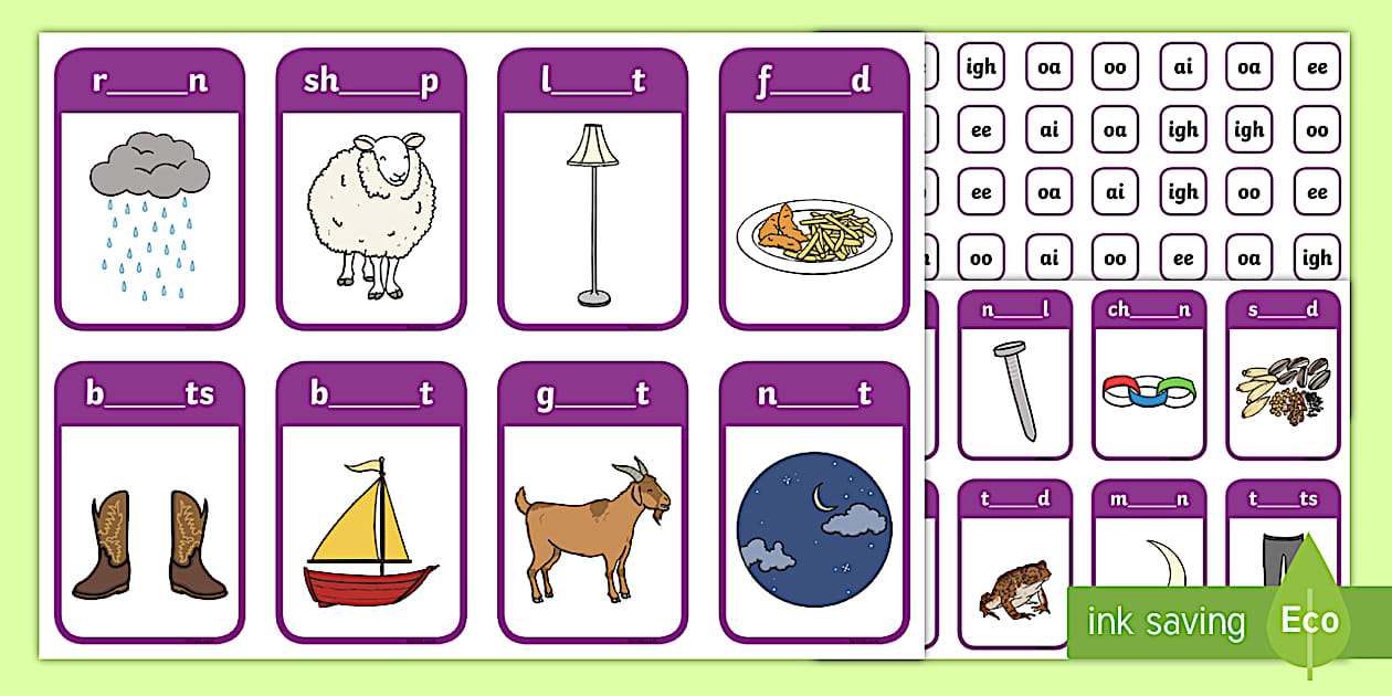 Black and White Phase 3 ai, ee, igh, oa and oo Peg Matching Game