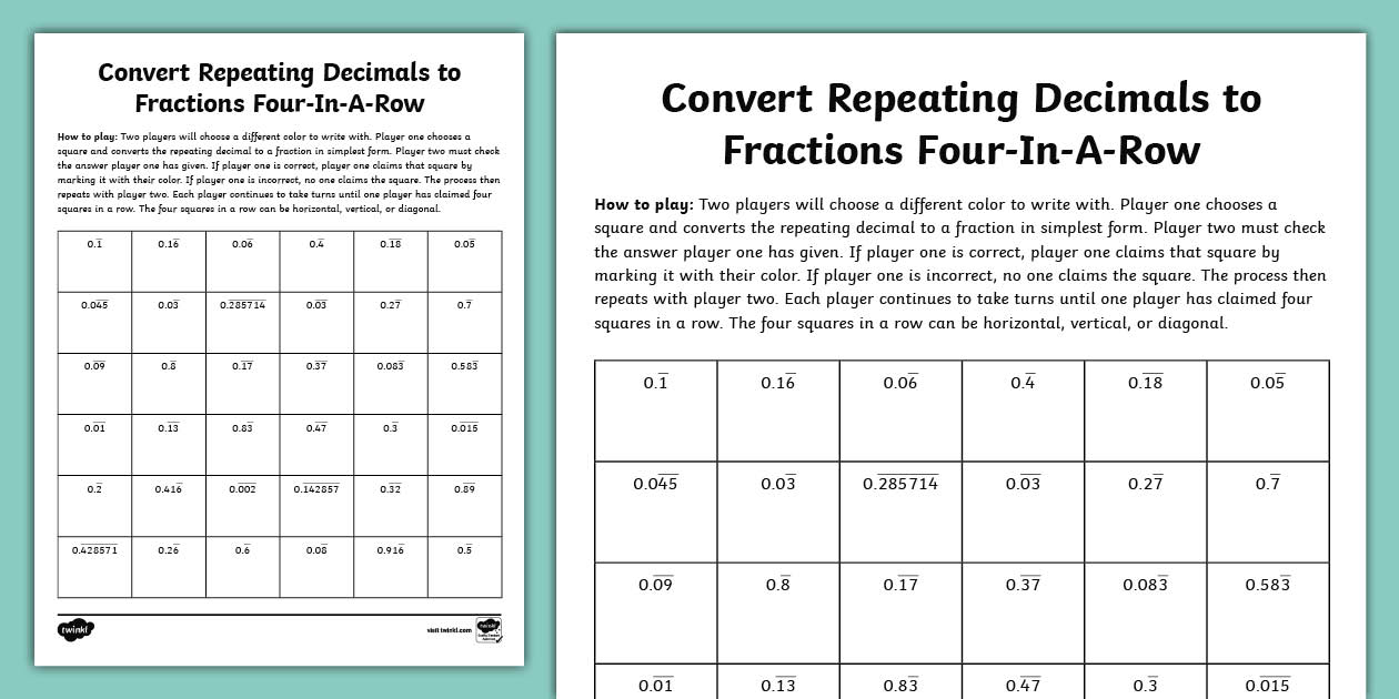 Eighth Grade Convert Repeating Decimals to Fractions Four-In-A-Row Game