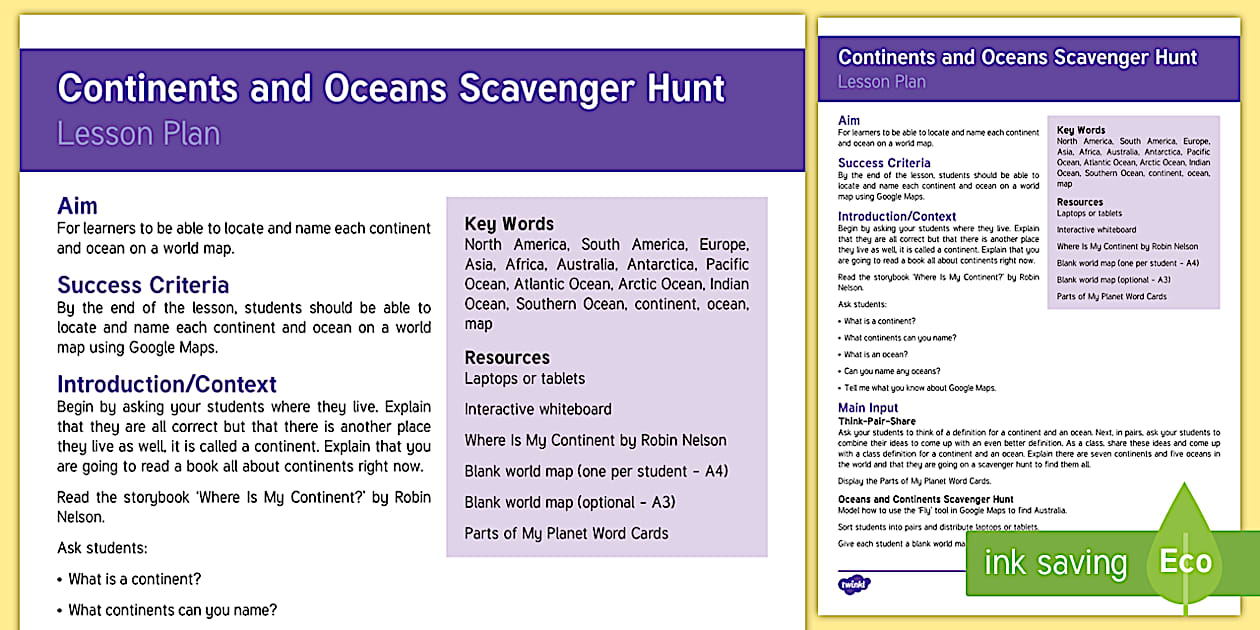 Continents and Ocean Scavenger Hunt Lesson Plan - Twinkl