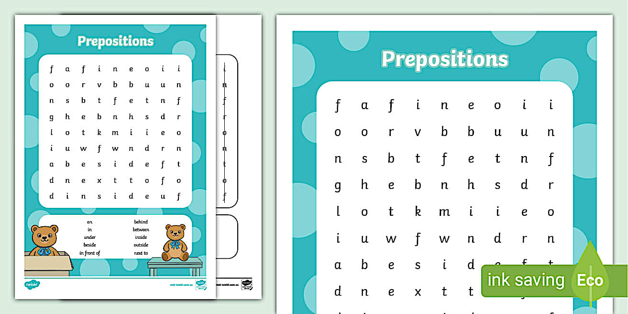 Prepositions Word Search - English - Years 3-4 - Parents