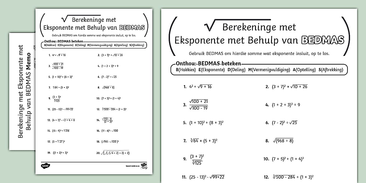 Berekeninge met Eksponente met Behulp van BEDMAS - Twinkl