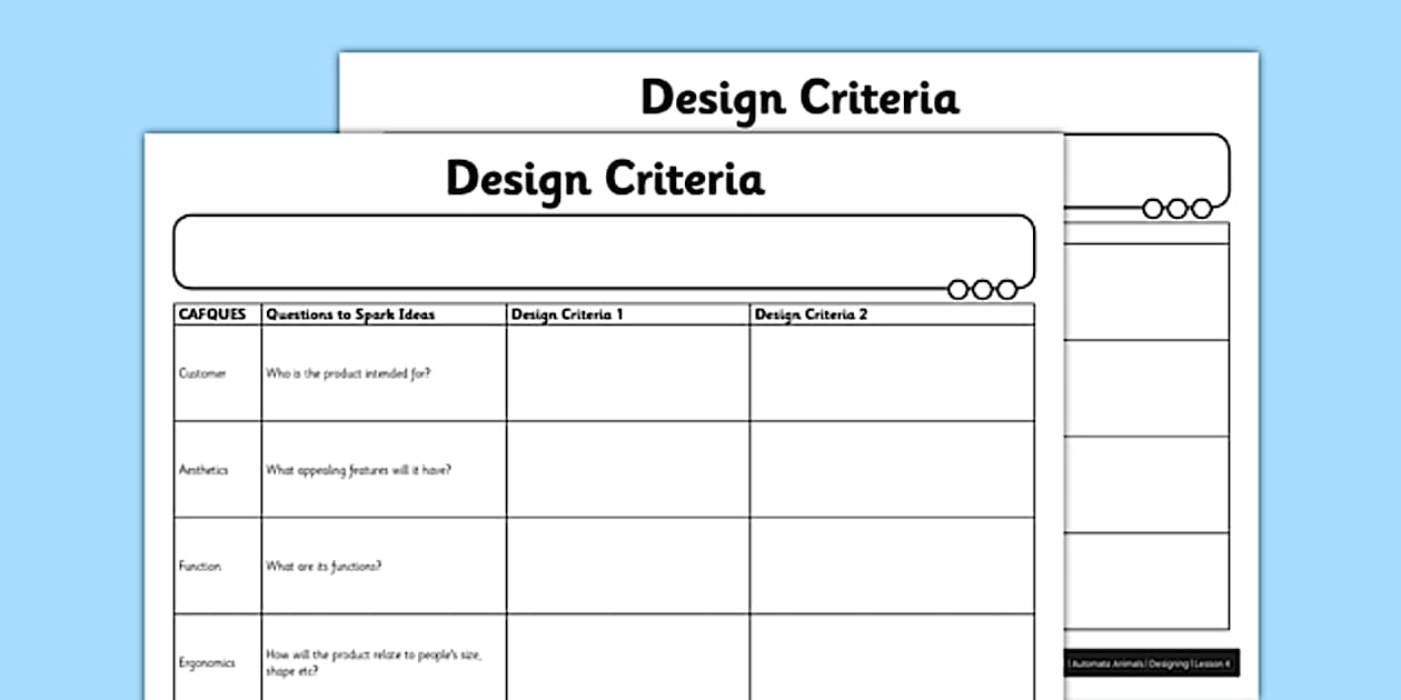 Automata Animals - Design Criteria Worksheet / Worksheet