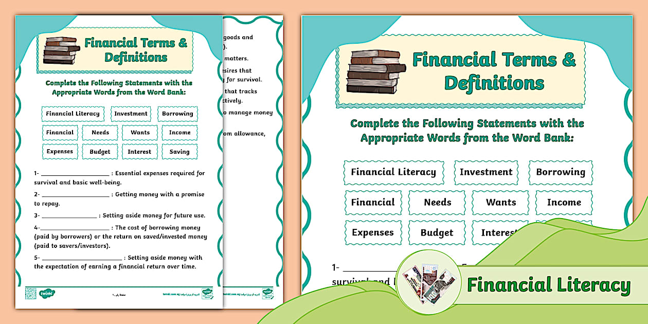 Financial Terms & Definitions Worksheet (teacher made)