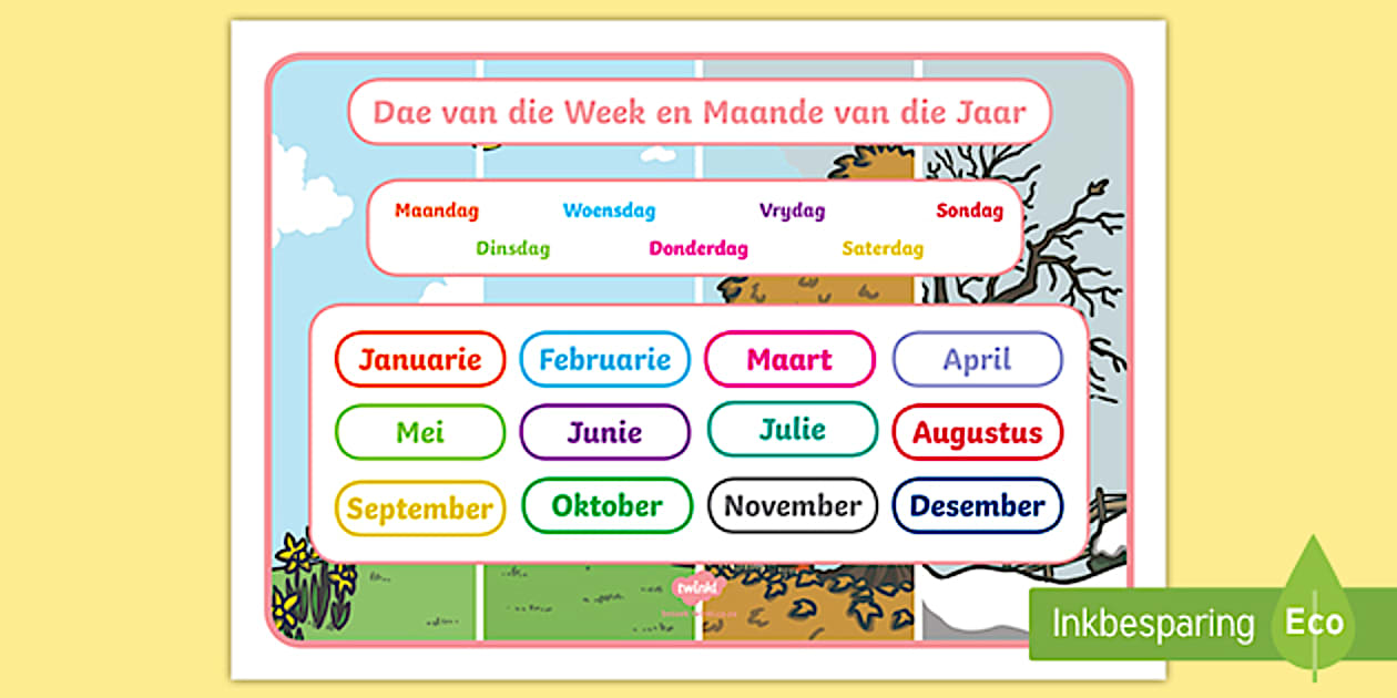 Dae van die Week en Maande van die Jaar Woordmat - Twinkl