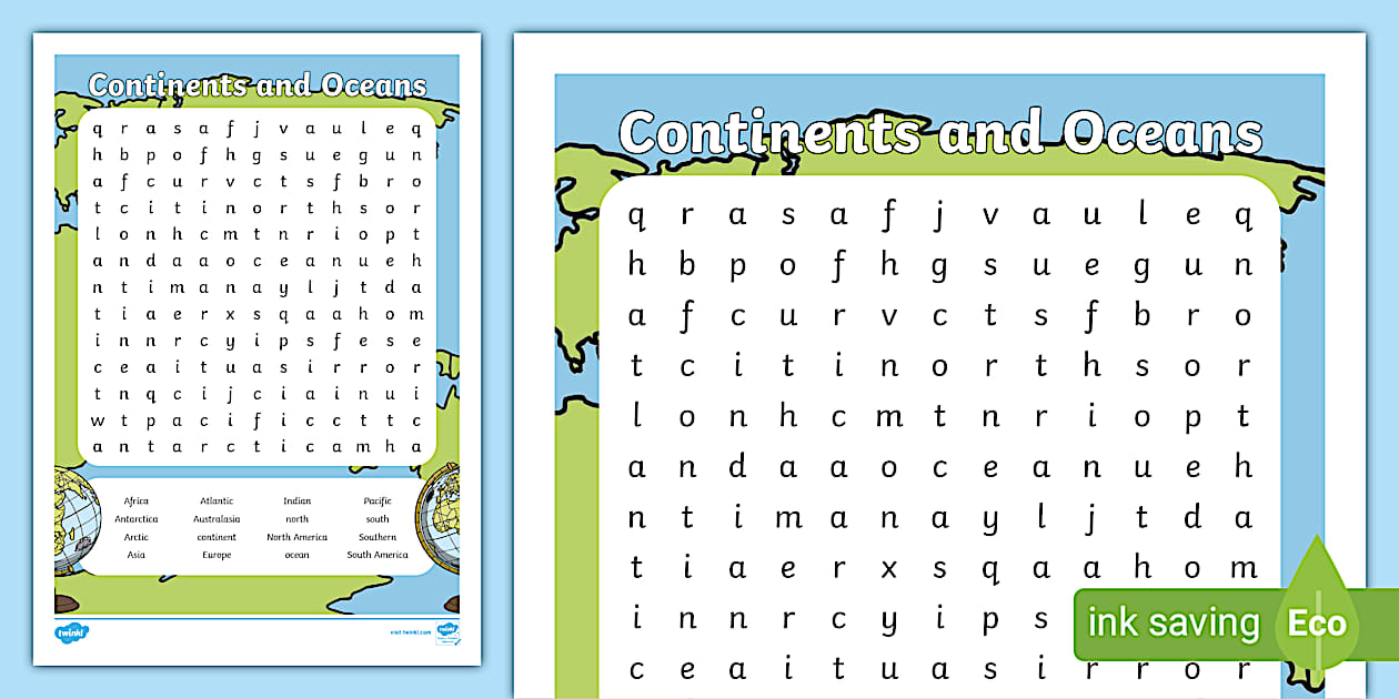 Geography Word Search | Continents and Oceans Word Search