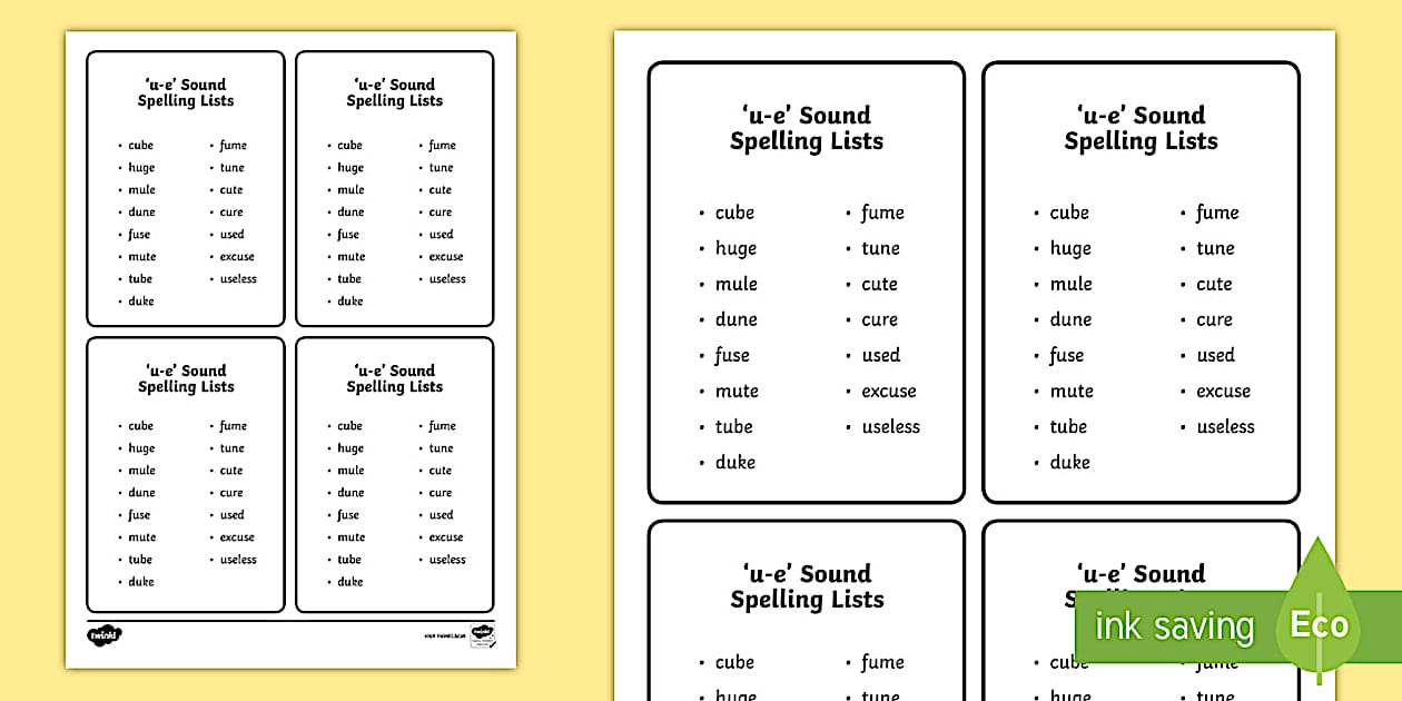 ‘u_e’ Words Spelling List Cards - CfE First Level Resources