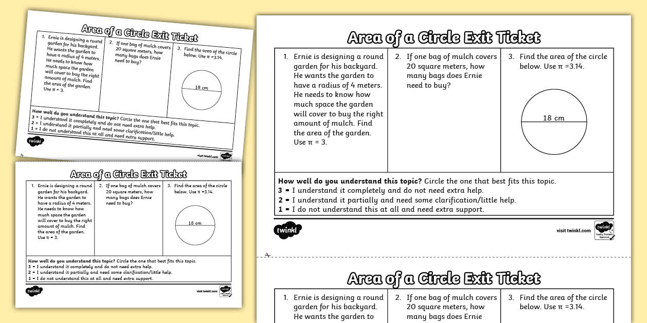 Seventh Grade Area of a Circle Exit Ticket (teacher made)