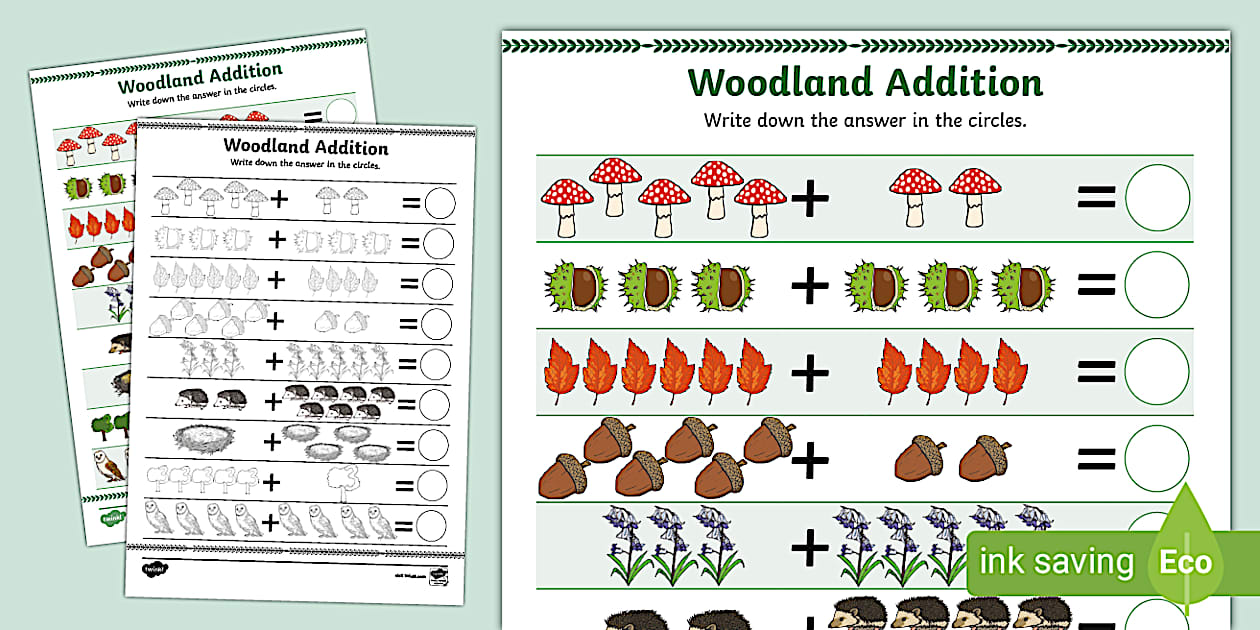 👉 Woodland Addition Worksheet (teacher made) - Twinkl