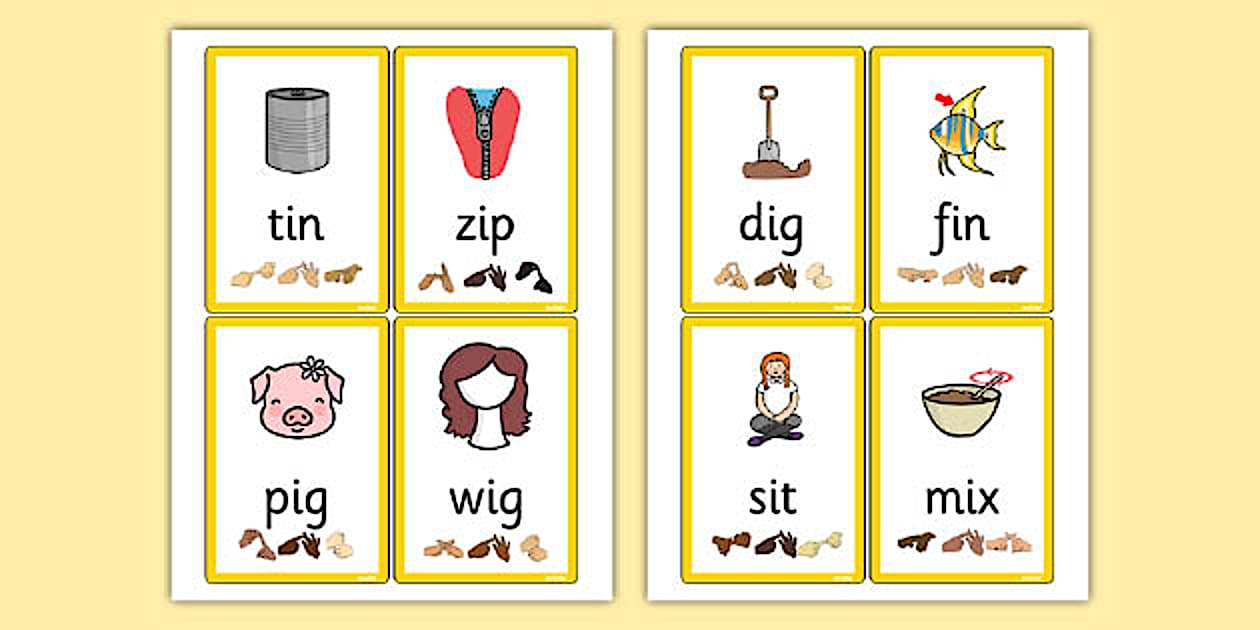 Black and White CVC Flash Cards with British Sign Language 'i'