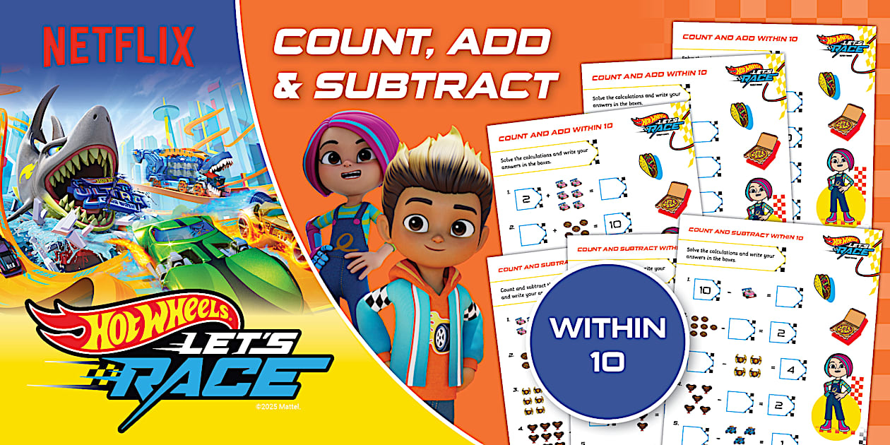 Hot Wheels: Count, Add, and Subtract Within 10 Worksheets