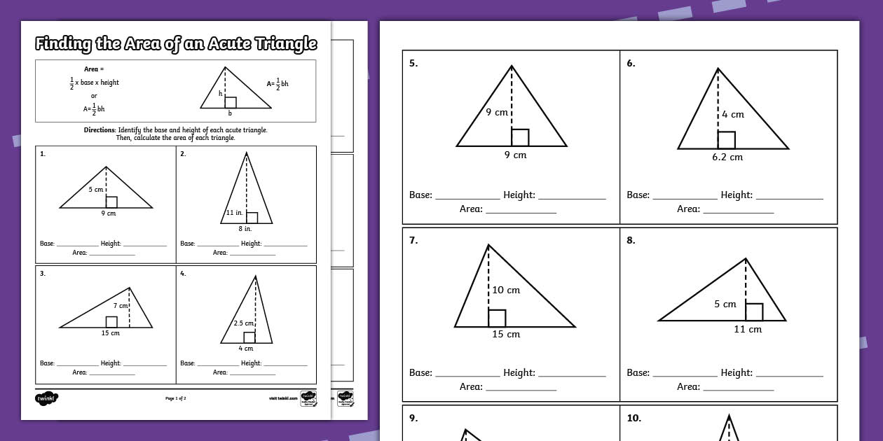 Acute Triangle Area Worksheet for 6th Grade | Twinkl USA