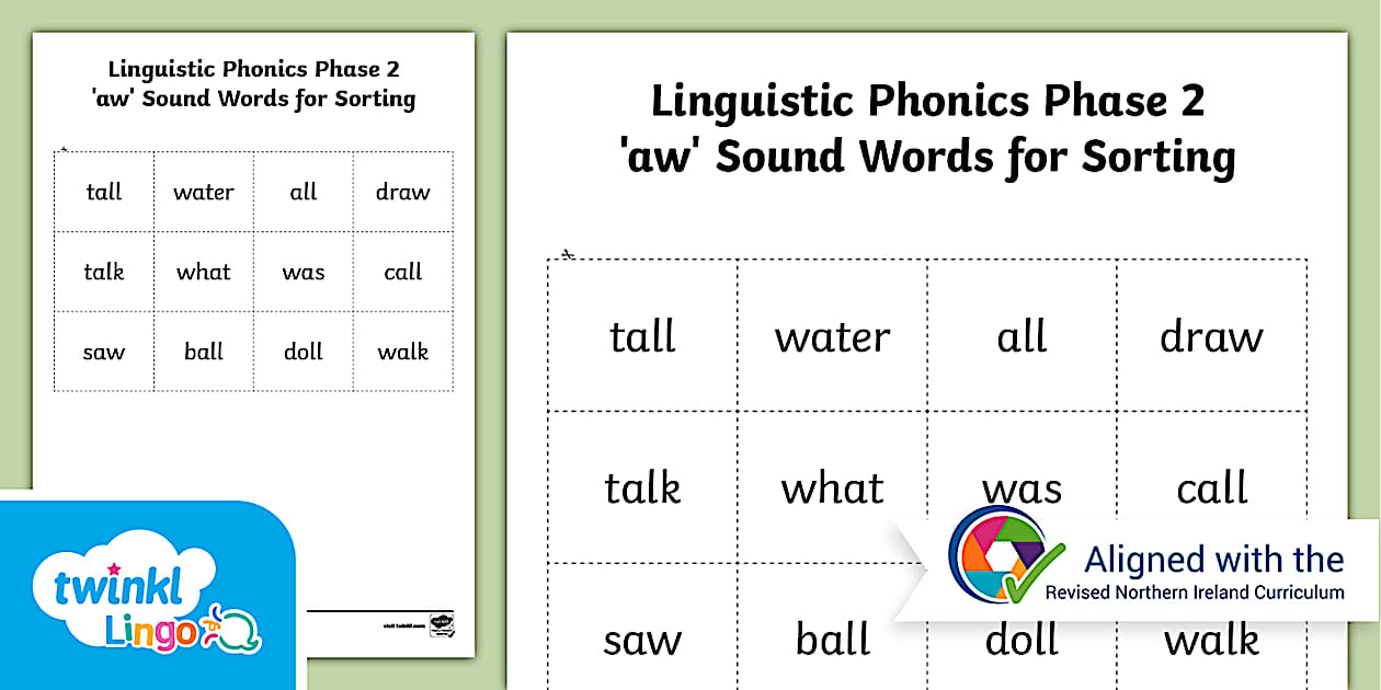 NI Linguistic Phonics Phase 2 'aw' Sound Words for Sorting