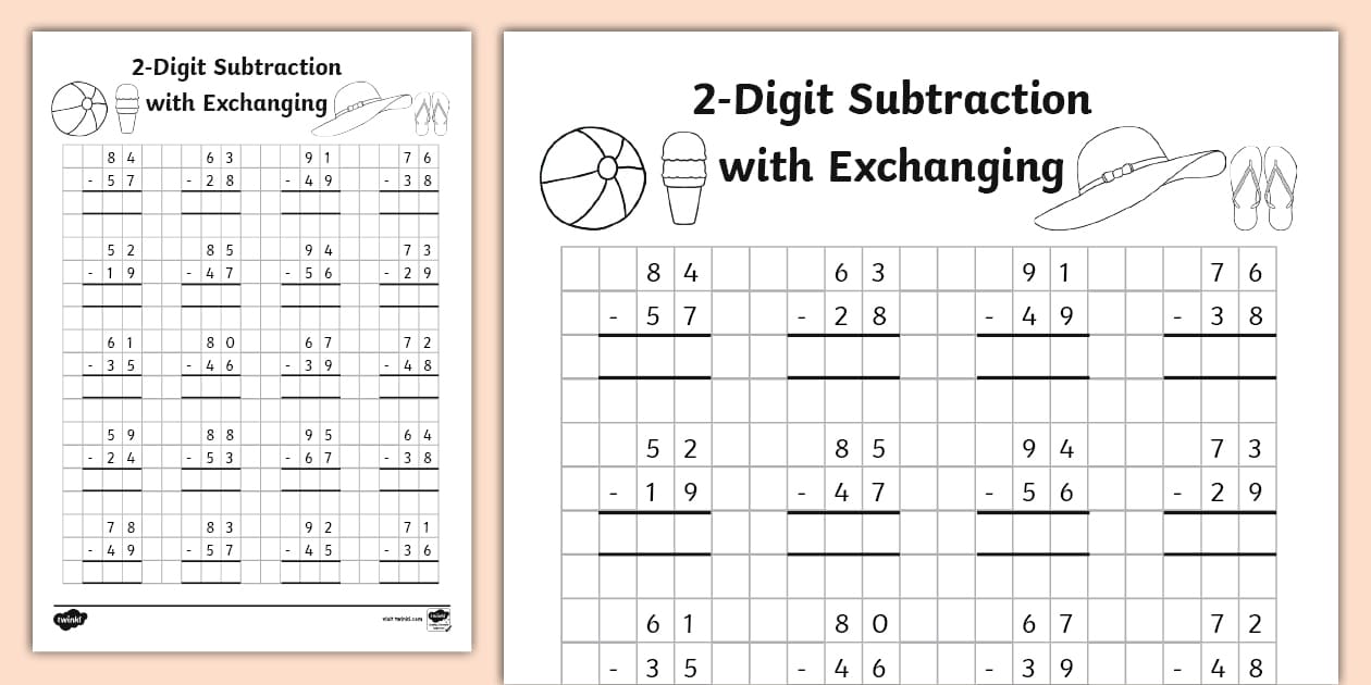 Summer-Themed 2-Digit Subtraction with Exchanging Activity