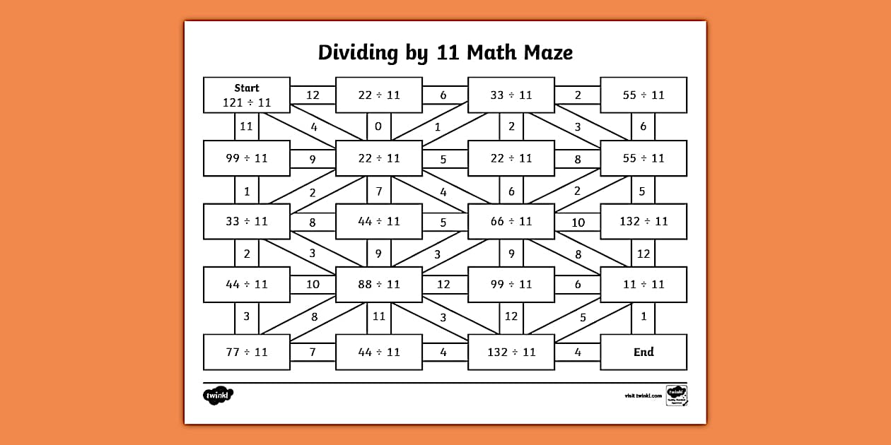 Dividing by 11 Math Maze Worksheet for 3rd-5th Grade