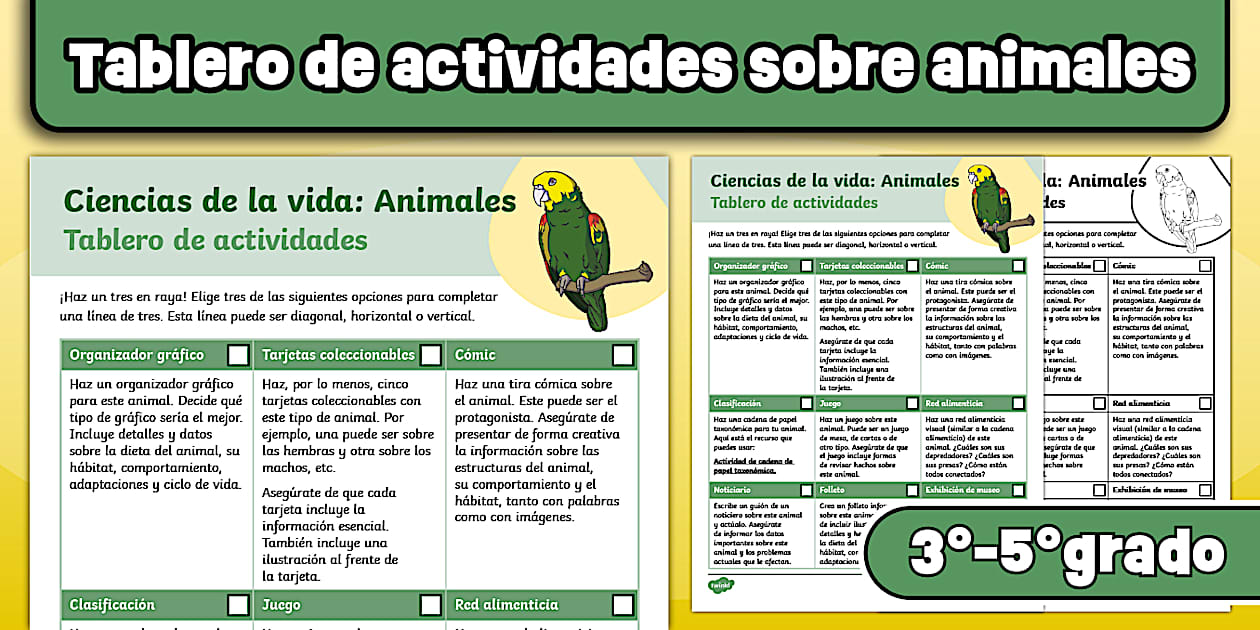 Tablero de actividades sobre animales para 3°-5° grado