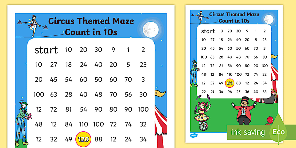 Black and White Circus Themed Counting in 10s Maze - Twinkl