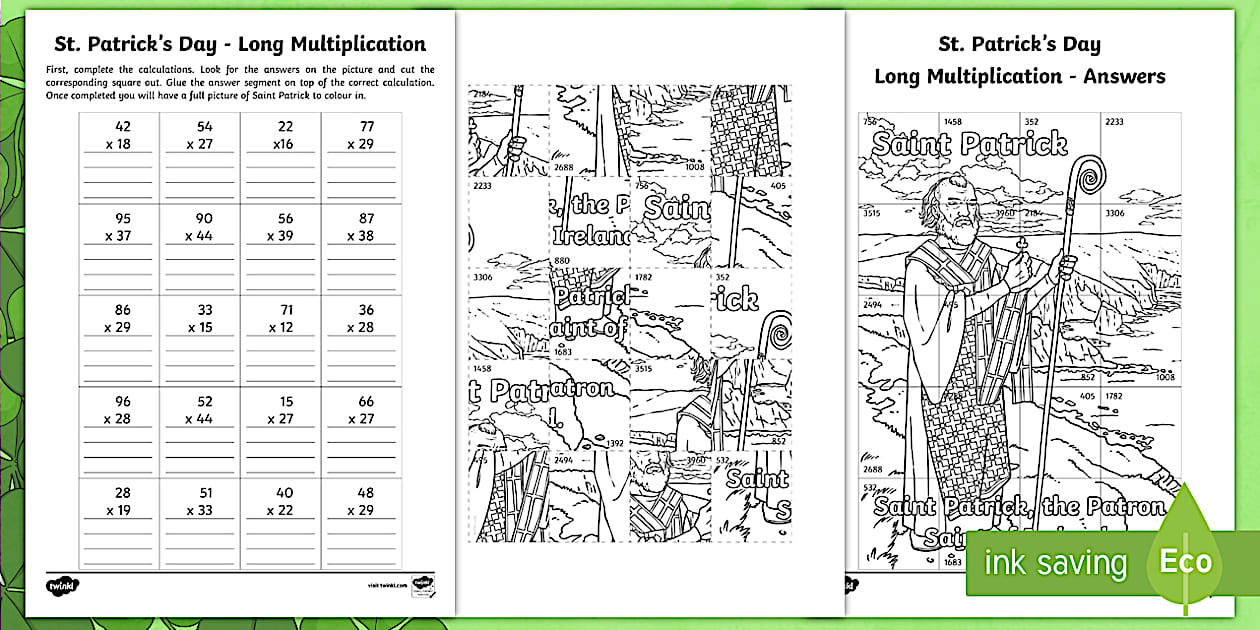 St. Patrick's Day Long Multiplication Colouring Worksheet / Worksheet