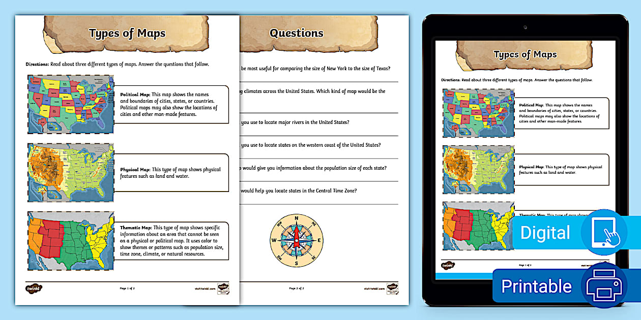 Sixth Grade Types of Maps Activity Sheet (Teacher-Made)