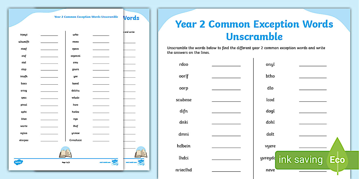 Year 2 Common Exception Words Unscramble - Twinkl