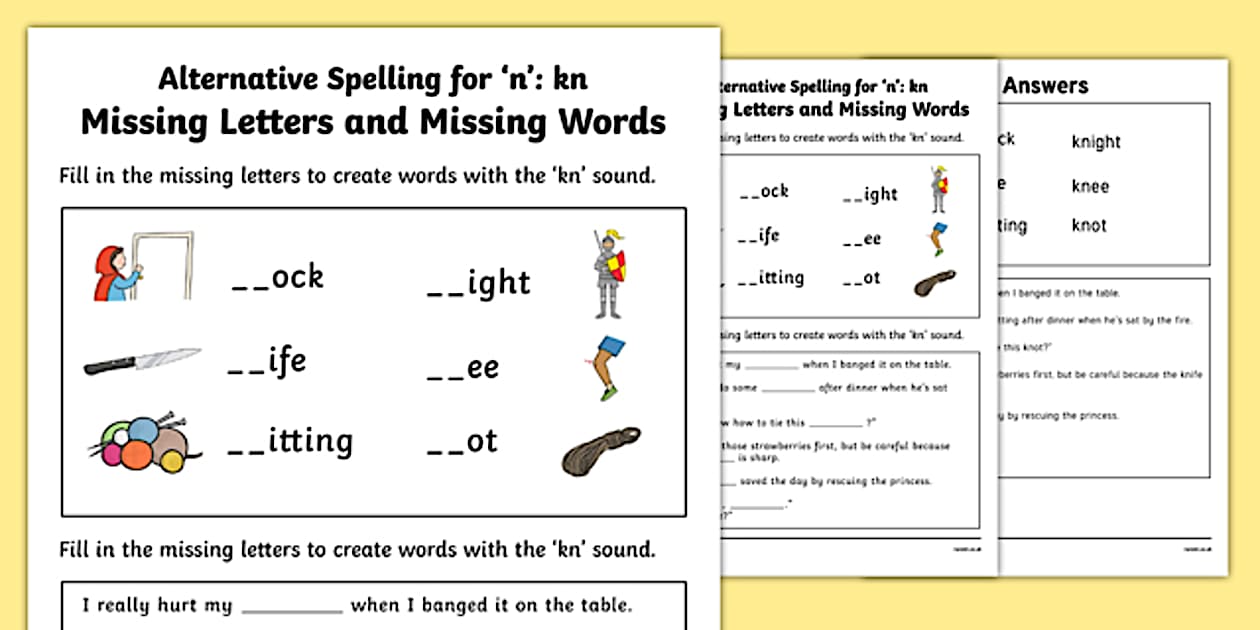 Kn Grapheme Missing Words Phase 5 Alternative Spelling Worksheet ...