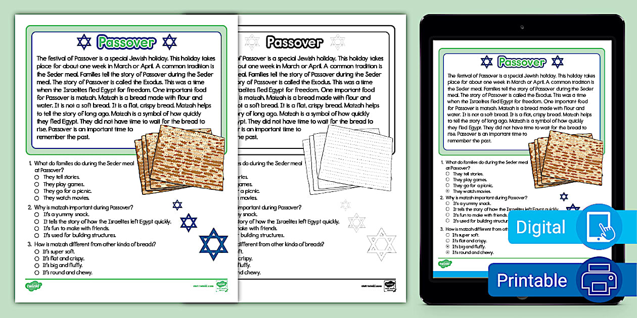 Second Grade Passover Reading Passage Comprehension Worksheet