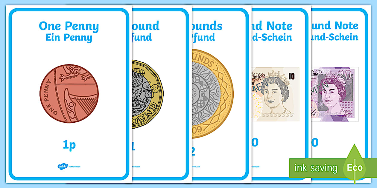 British (UK) Money Coins and Notes Display Posters English/German