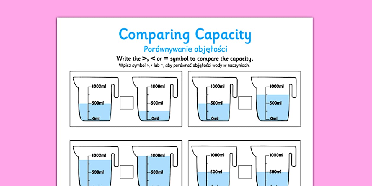 Black and White Comparing Capacity Worksheets Polish Translation