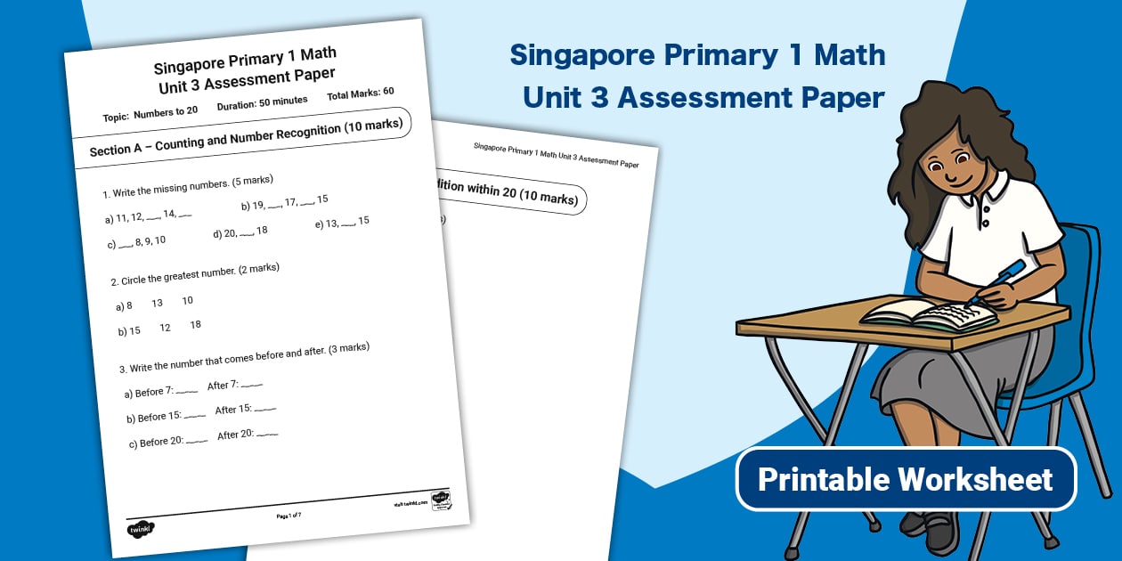 Singapore Primary 1 Math Unit 3 Assessment Paper | Numbers and Problem ...