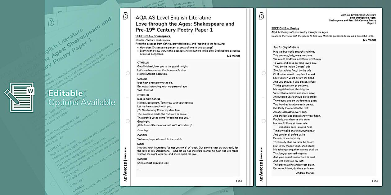 AQA AS Literature Micropaper: Paper 1 Othello and To His Coy Mistress
