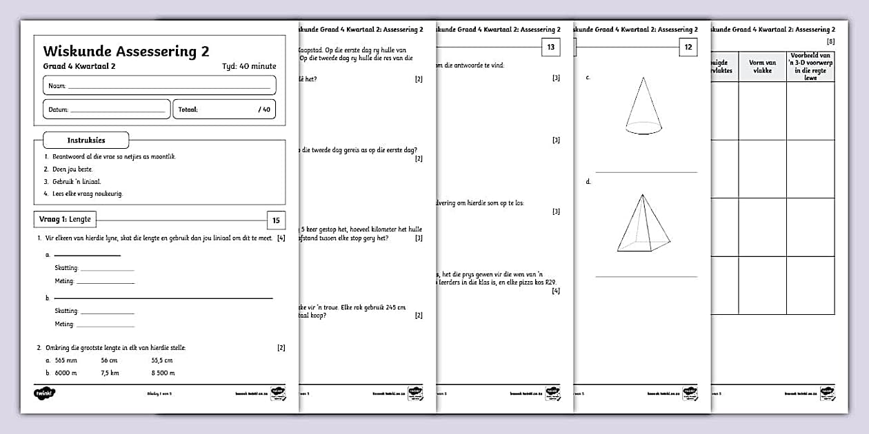 Wiskunde Graad 4 Kwartaal 2 Assessering 2 (teacher made)