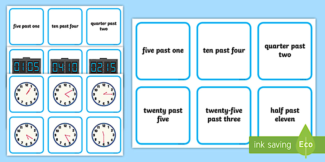 Five Minute Interval Times Analogue and Digital Clocks Matching Cards