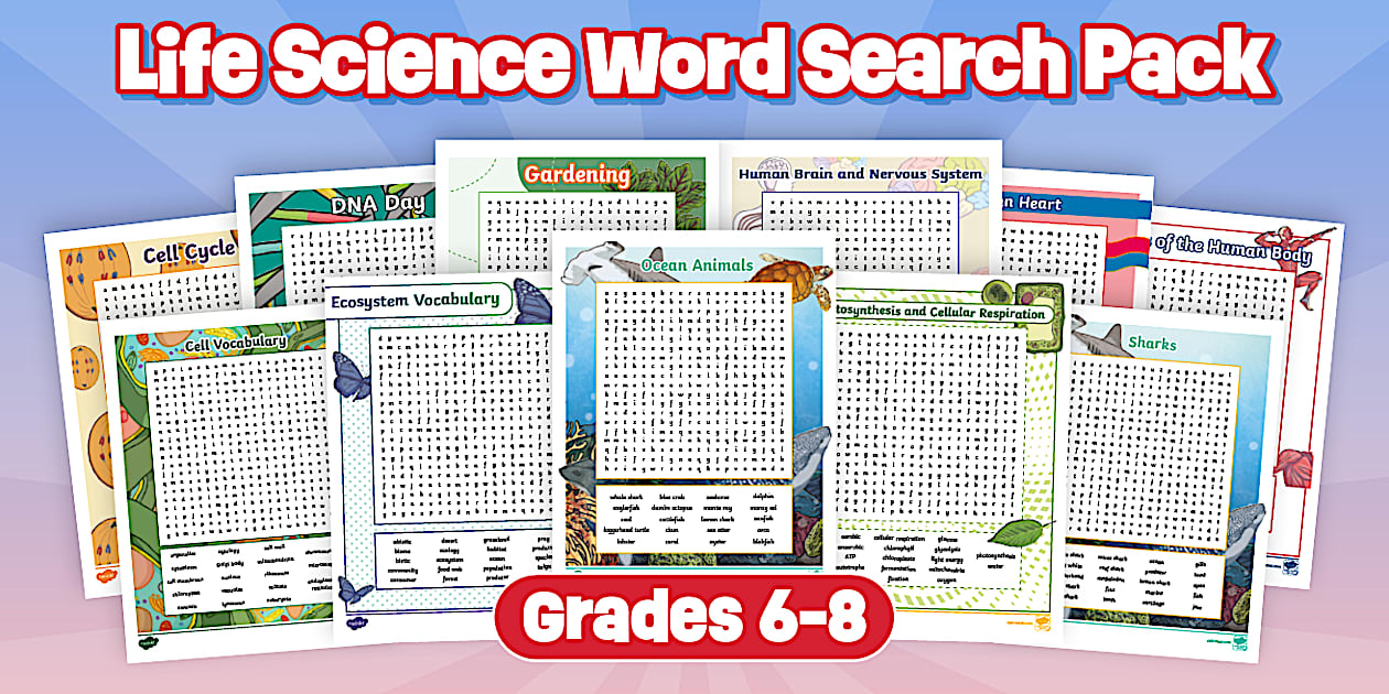 Life Science Vocabulary Word Search Pack for 6th-8th Grade