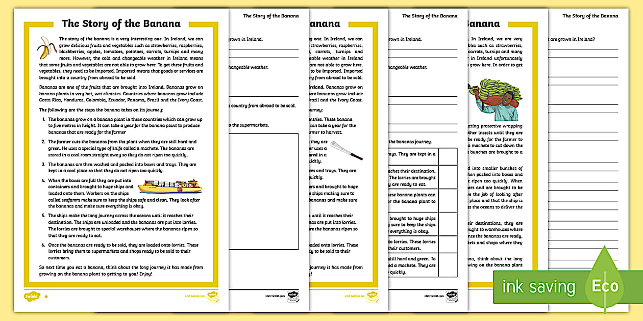 The Story of the Banana Reading Comprehension Differentiated Worksheet