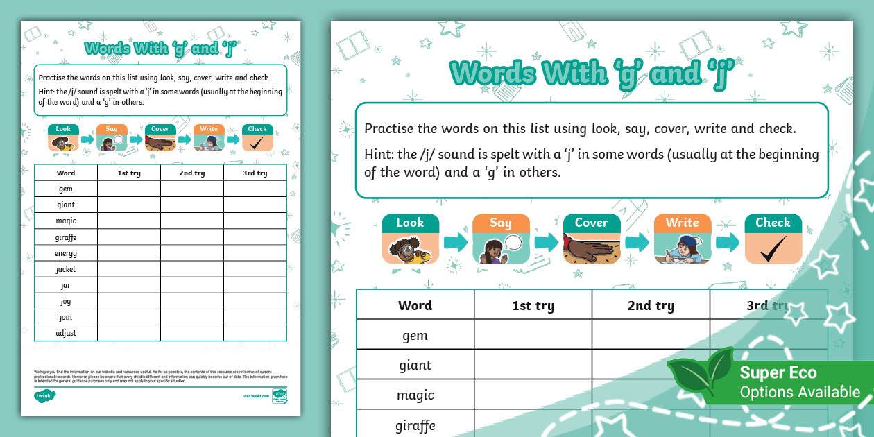 Year 2 Spelling Practice /j/ Sound 'j' and 'g' Activity