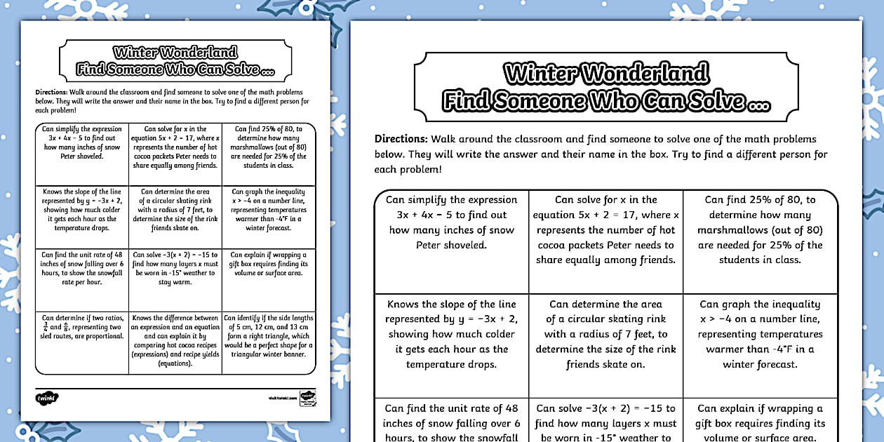 Seventh Grade Winter Wonderland Math Find Someone Who Can Solve Worksheet