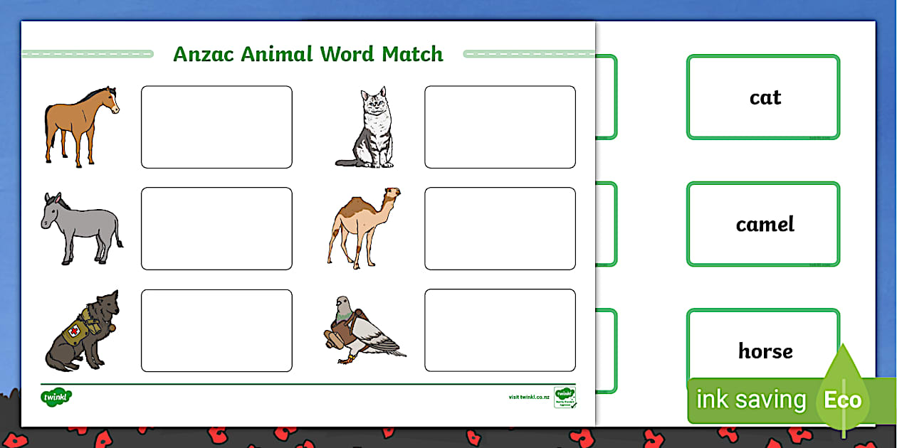 Anzac Animal Word Match Activity (professor feito) - Twinkl