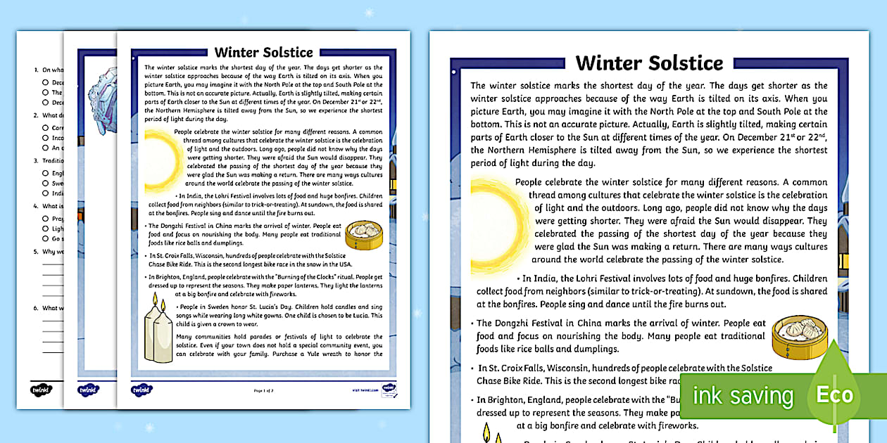 Fourth Grade Winter Solstice Reading Comprehension Activity Worksheet