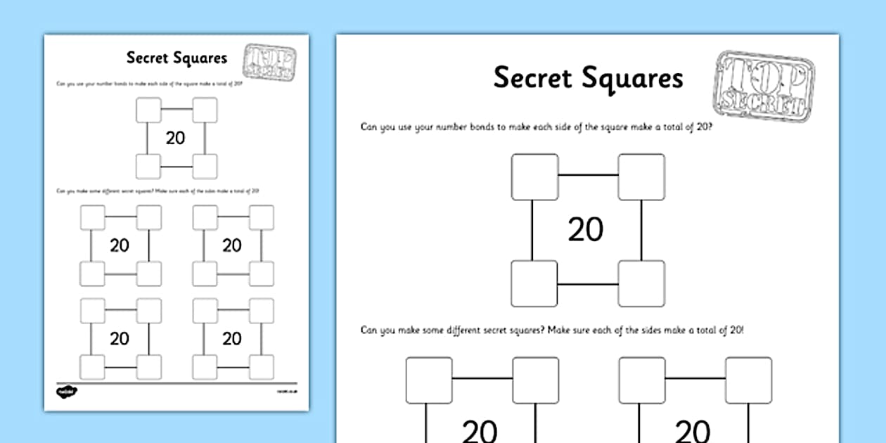 Secret Squares to 20 Worksheet / Worksheet - Twinkl