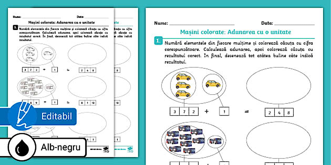 Mașini colorate: Adunarea cu o unitate – Fișă de activitate