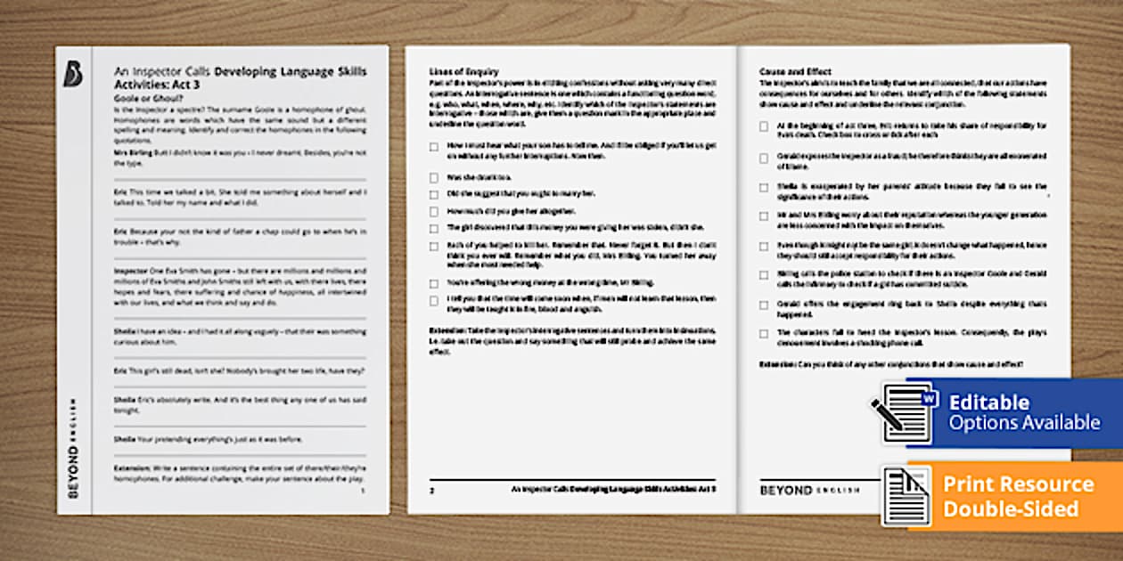 An Inspector Calls Act 3: Developing Language Skills Booklet
