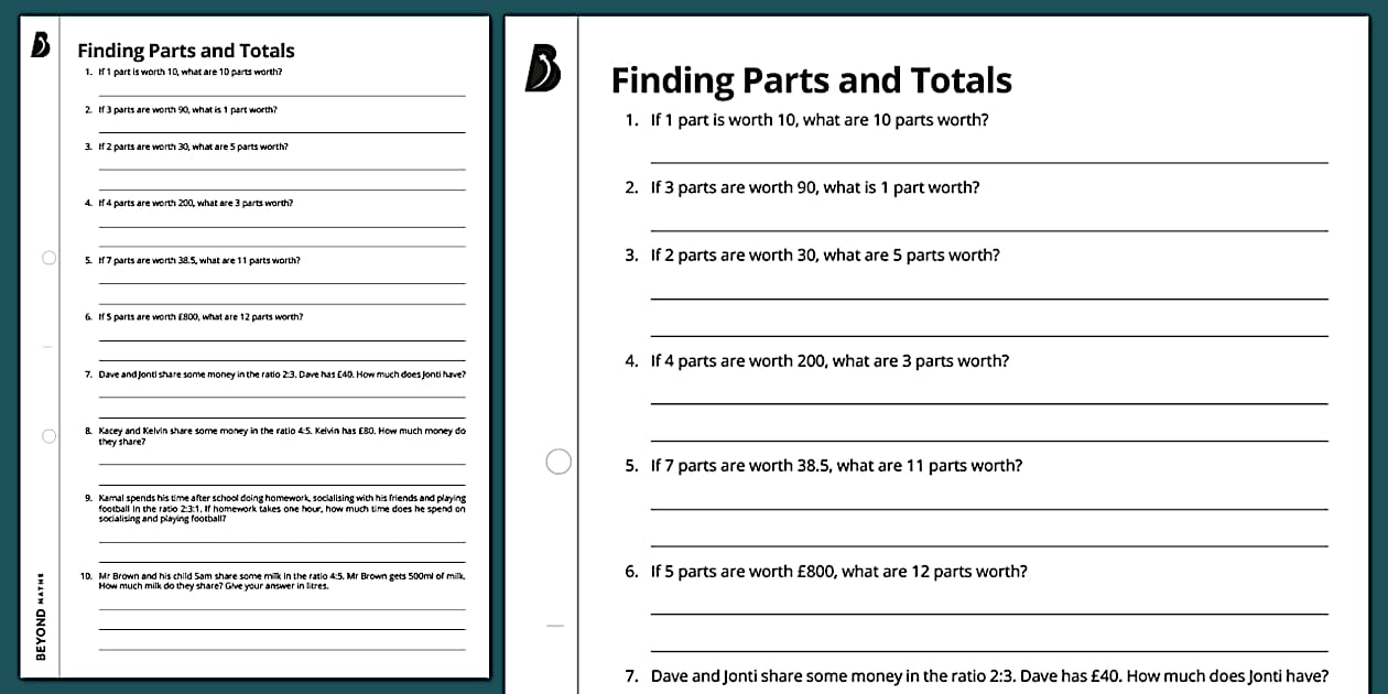 👉 Finding Parts and Totals Worksheet | KS3 Maths | Beyond