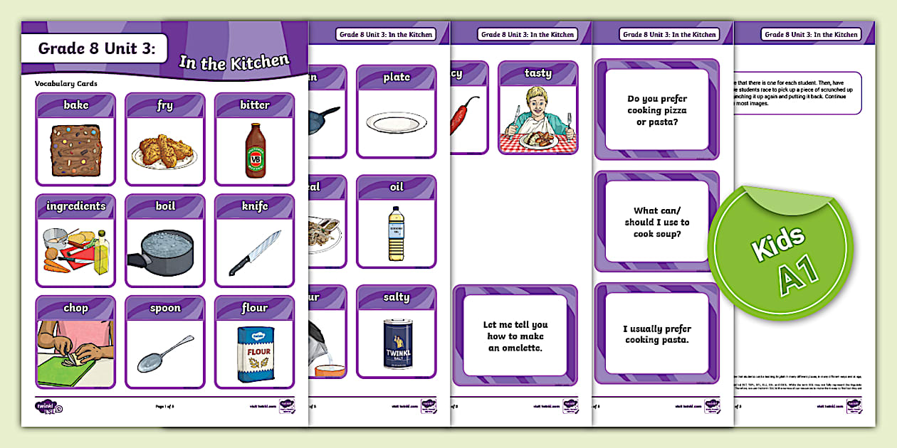 Turkey Curriculum English Vocabulary Cards: Grade 8 Unit 3 (In the Kitchen)