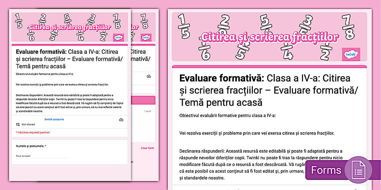 Citirea și scrierea fracțiilor – Evaluare formativă clasa 4