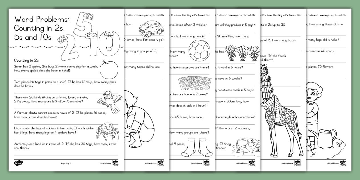 Word Problems Counting in 2s, 5s and 10s Activity Sheet