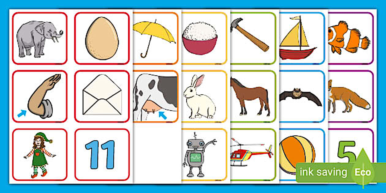 Black and White e,u,r,h,b,f,l Initial Sounds Picture Cards