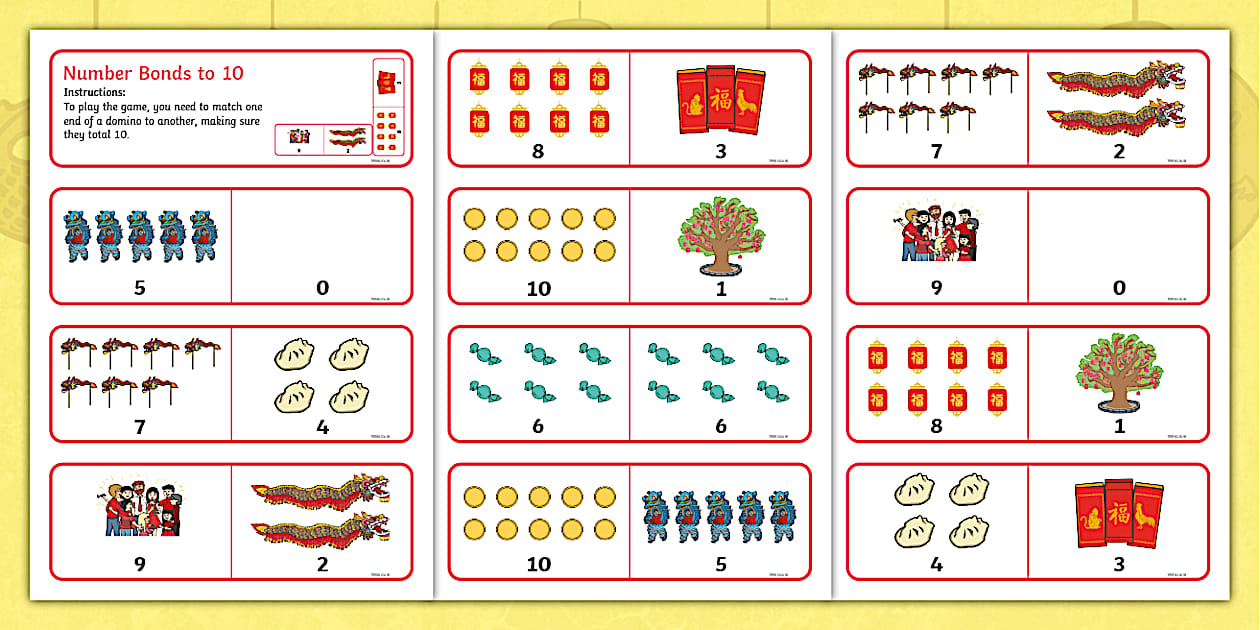 Chinese New Year Number Bonds to 10 Dominoes - Twinkl